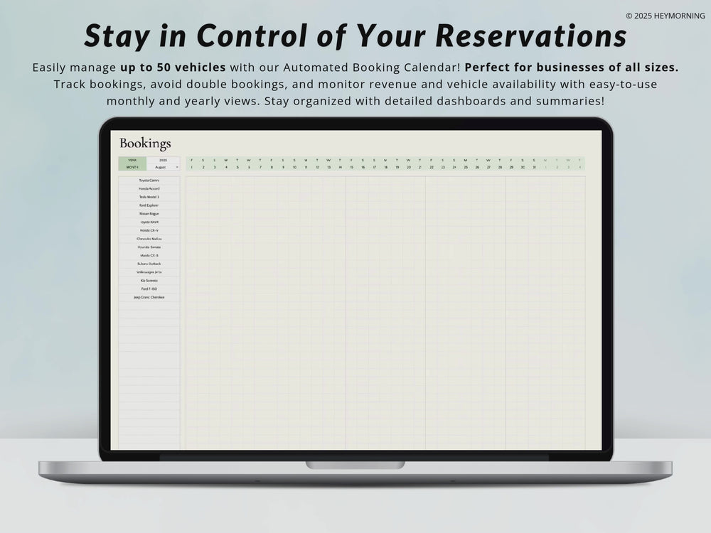 Car Rental Booking Calendar - Google Sheets Template | Hey Morning